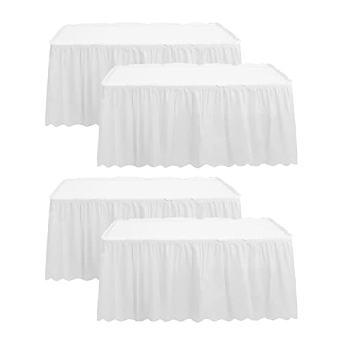 4 Pack Table Skirt 29 in x 14 ft Tablecloth Disposable Table Cover Reusable Stain Proof Plastic Table Skirts for Rectangle or Round Tables for Party, Wedding, Reception, Birthday (White)
