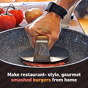 The Sasquash - 6" Heavy Duty Extra Wide Flat Handle Smashed Burger Press - Commercial Grade One-Piece Welded Stainless Steel Burger Smasher