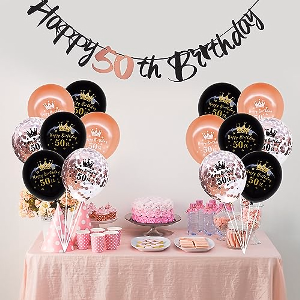 Happy 50th Birthday Banner Black Rosegold, 16 PCS 50th Birthday Decorations Kit with Happy 50th Birthday Banner Bunting 12 Inch Latex Confetti Balloons for Women 50th Birthday Party Decorations