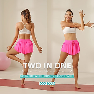 Flowy Athletic Shorts for Women Running Tennis Butterfly Shorts Girls 2-in-1 Double Layer Quick-Drying Comfy Shorts (Small, Hot-Pink)