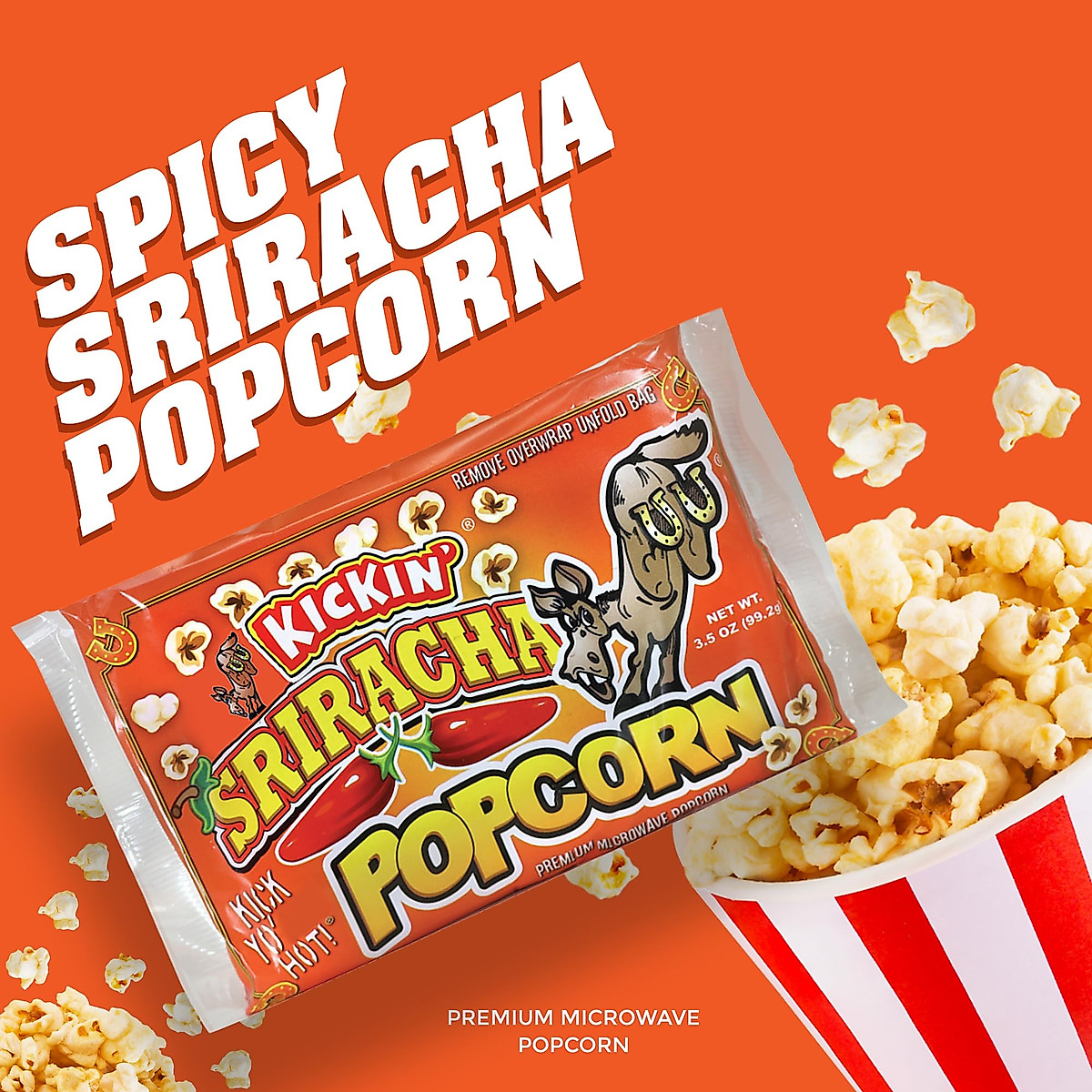KICKIN' Sriracha Microwave Popcorn Bags - 12 Pack - Ultimate Spicy Popcorn Gourmet Gift - Makes a Great Movie Theater Popcorn or Sriracha Snack Food for Movie Night