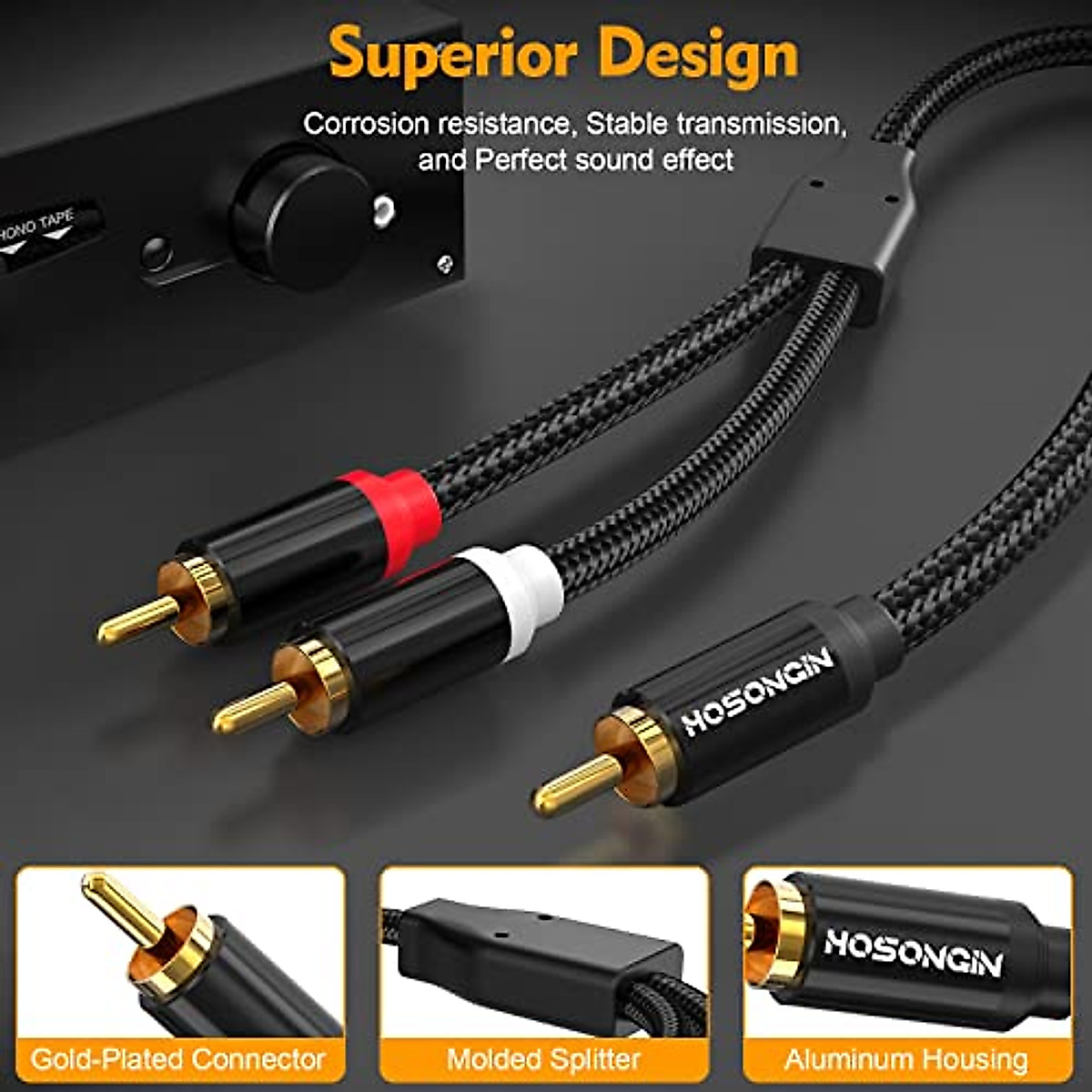 HOSONGIN RCA Y Splitter 1 Male to 2 Male Audio Cable 2 Pack, Black Cotton Braided Jacket Gold-Plated Plug Premium Shielded Audio Cable, Length 12 inch