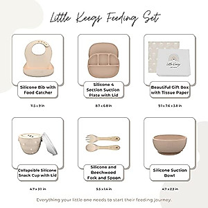 Little Keegs Baby Feeding Set - Baby Must Haves Gift Set - Baby Led Weaning Supplies - Toddler Silicone Feeding Set - Suction Baby Bowl, Bib, Snack Cup, Utensils, Baby Plate Set of 8 (Beige)