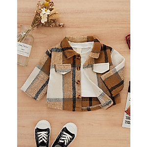 Hooever Girl's Boy's Brushed Plaid Shirts Pockets Button Down Plaid Flannel Shacket (Khaki, 4T)