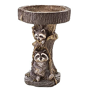 Naisicore Birdbath, 21cm/8.3inch Resin Raccoon Woode Stake Bird Feeder Statues, Standing Animal Bird Bath Tray, Garden Landscape Decorative Ornament for Patio Yard Lawn Decoration