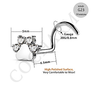 COCHARM G23 Titanium 20g Nose Stud Paw Print Nose Screw Nose Rings Dog Paw Clear CZ Nose Piercing Jewelry 20 Gauge Hypoallergenic Nose Corkscrew Stud