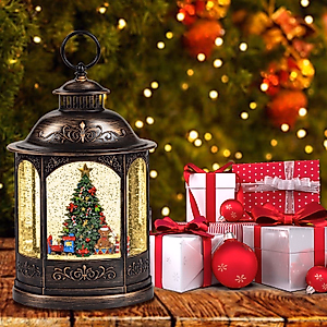 Ponsonbay Christmas Musical Snow Globe Lantern Lighted Snow Globe Lantern with 6H Timer USB Powered & Battery Operated Spinning Water & Swirling Glitter 8 Songs (L-Christmas Tree-Black)