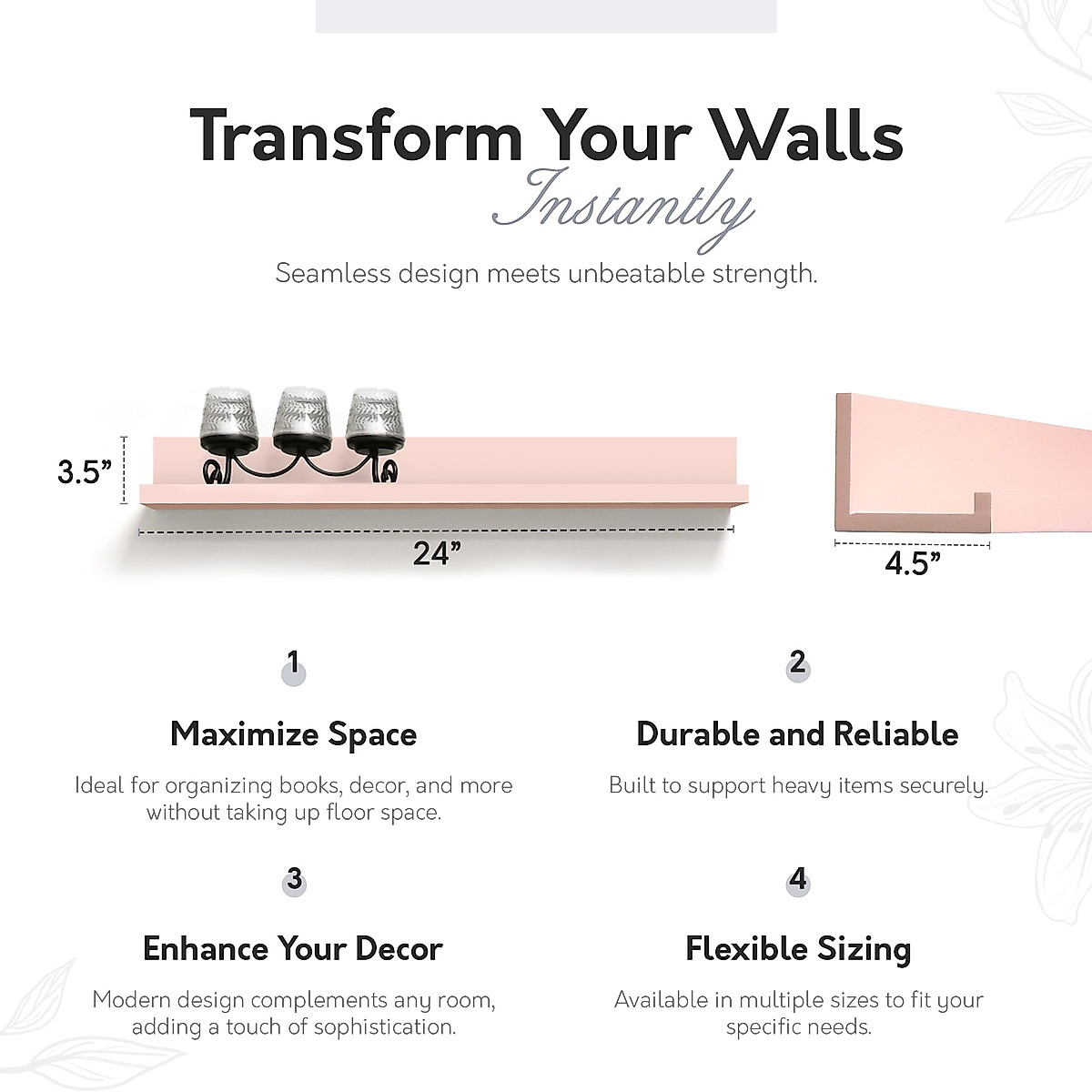 InPlace Pink Picture Ledge Shelf, 24" W x 4.5" D x 3.5" H, 9605012E