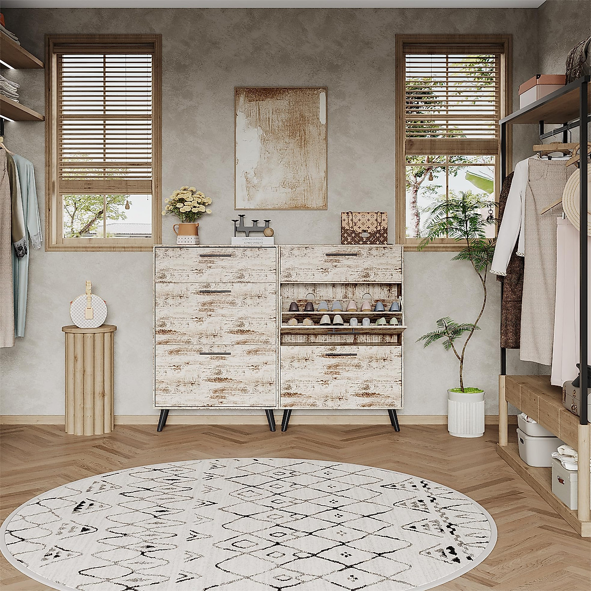 MU Shoe Cabinet Storage for Entryway, Shoe Organizer with 2 Flip Drawers, Hidden Shoe Cabinet, Slim Enclosed Shoe Rack, White