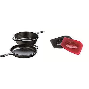Lodge LCC3 Pre-Seasoned Cast-Iron Combo Cooker, 3.2-Quart and Lodge SCRAPERPK Durable Polycarbonate Pan Scrapers, Red and Black, 2-Pack Bundle