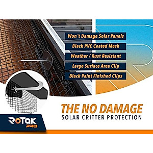 ROTAK Critter Guard PRO | 6in x 100ft Solar Panel Bird Prevention Roll Kit with 60 Fastener Clips | Heavy Duty Galvanized Black PVC Coated ½ inch Wire Roll Mesh (6" PRO + 60 Clips)
