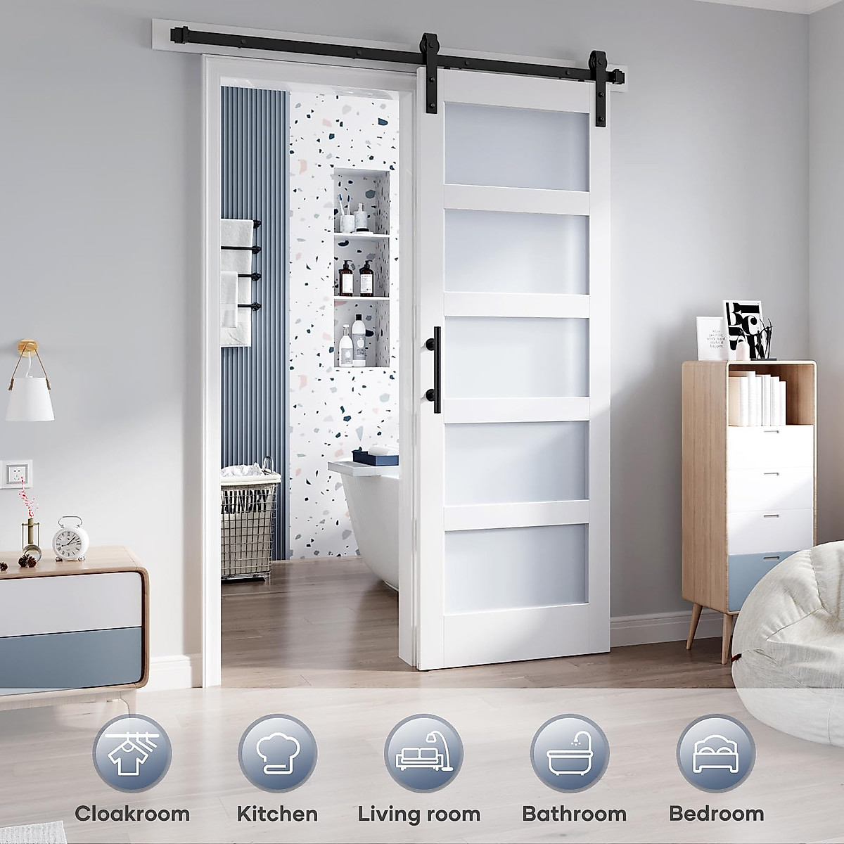 ROYMELO 30x84 Inch Glass Sliding Barn Door Slab and 5.5ft Hardware Kit Included, 5 Frosted Glass, LVL Wood Panel Covered with White Water-Proof Scratch-Proof PVC Surface, Simple DIY Assembly