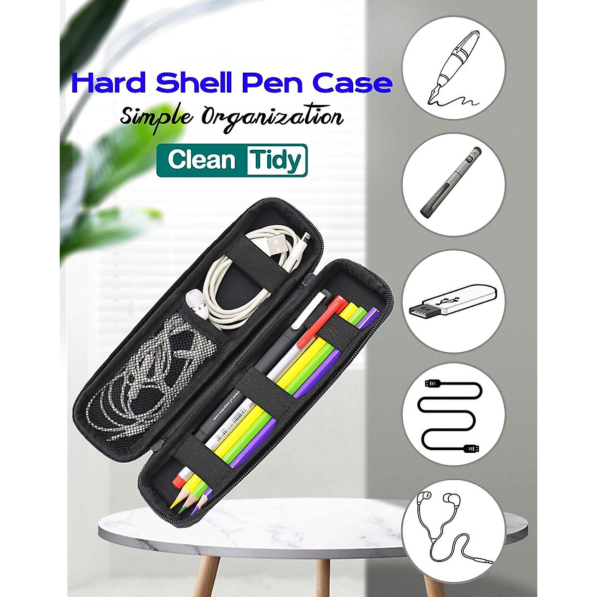 Oythiem Slim Hard Pen Cases for Adults, Travellers, Insulin Travel, Thin Black Pencil Case Hard Shell, Small Waterproof Pencil Box Organizer for Apple Pencil Usb C, Headphones, Executive Fountain Pens