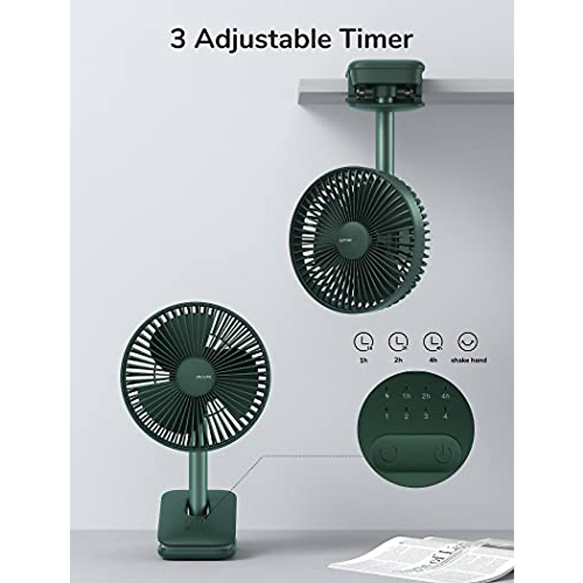 JISULIFE Clip on Oscillating Fan, 8000mAh Battery Operated Clip Desk Fan [5-28h], USB Rechargeable Table Fan with Clamp, 4 Speeds, Timer Shutdown，330°Rotate Clip Fan for Home Office Bed Stroller-Green