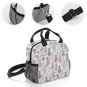 Lunch Box Women Boys Girls Grey Pink Cats Lunch Bag Insulated Thermos Tote with Water Bottle Holder & Removable Shoulder Strap for Back to School Travel Work
