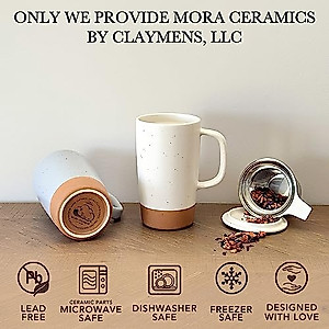 Mora Ceramics Large Tea Mug with Loose Leaf Infuser and Ceramic Lid, 18 oz, Portable, Microwave and Dishwasher Safe, Tall Coffee Cup - Rustic Matte Ceramic Glaze, Modern Herbal Tea Strainer, Cotton