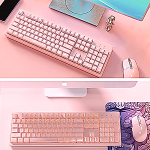 KECOP Baby Pink USB Wire Keyboard with Rainbow LED Backlight Full 104 keys Water-Resistant Mechanical Feeling Game Keyboard for Desktop, Computer, PC (Baby Pink)