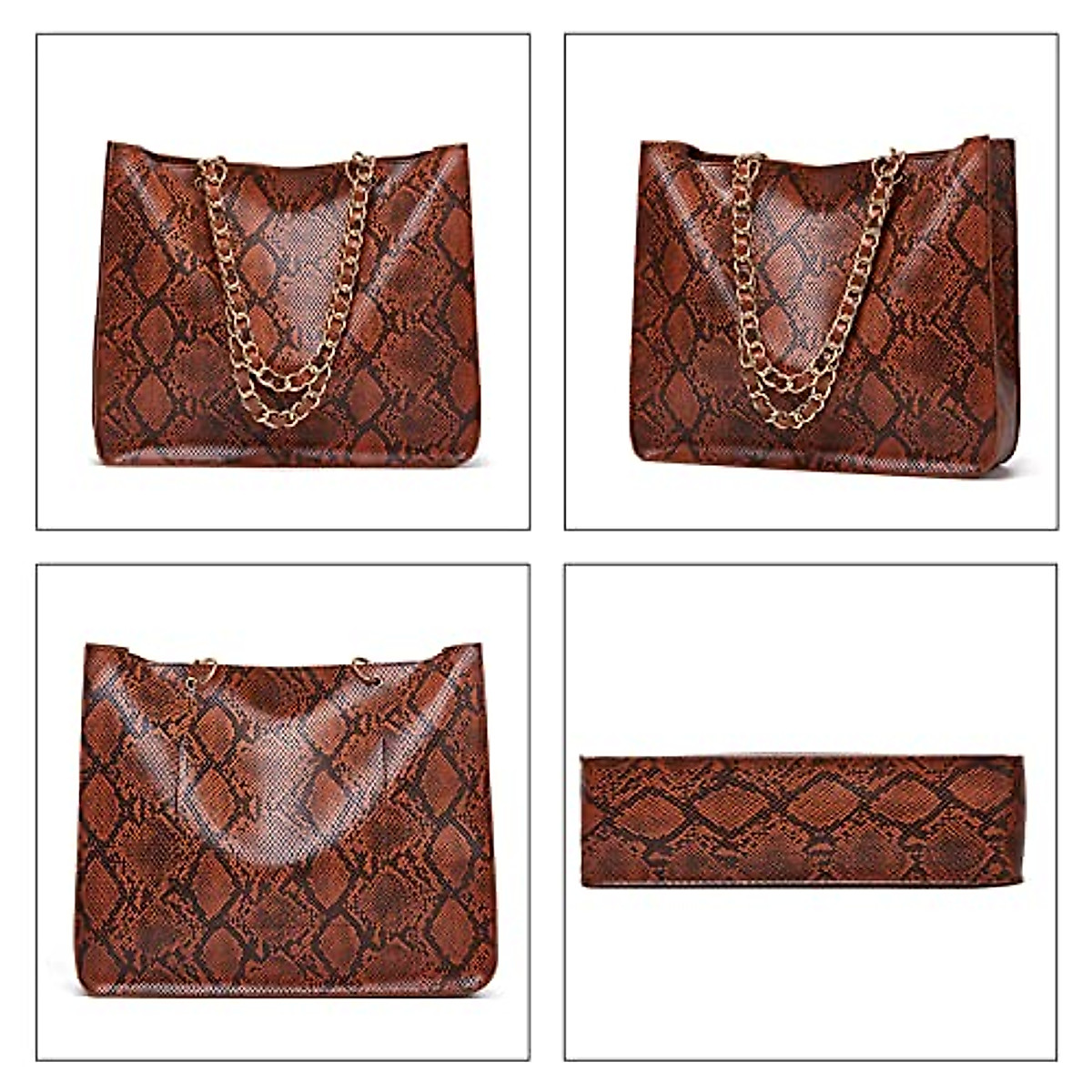 Oichy Leather Tote Bag for Women Large Purses and Handbags Snakeskin Pattern Shoulder Bag Ladies Purse with Chain Strap (Red)