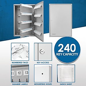 Barska Key Lock Key Cabinet Lock Box with Numbered Hooks and Tags - 240 POSITION - WHITE TAGS