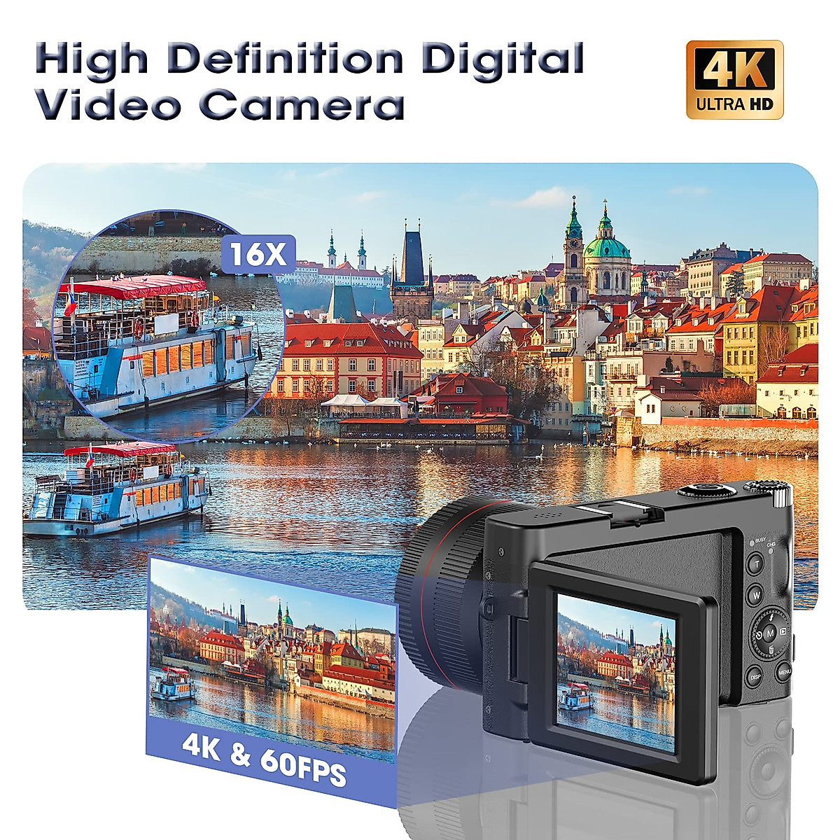 4K Digital Camera FHD 48MP Video Camera 16X Digital Zoom WiFi Vlogging Camera with Flash Light Compact Camera for Social Media 32GB SD Card 2 Batteries Wide Angle Lens Macro Lens