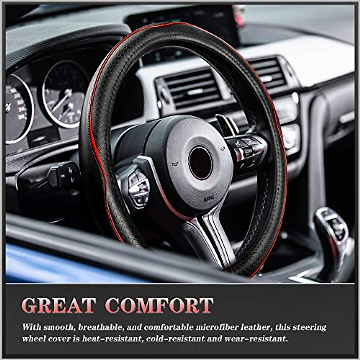 K KNODEL Universal Fit Steering Wheel Cover, Microfiber Leather Car Steering Wheel Cover, Anti-Slip Car Wheel Protector, 15 Inch (Red)