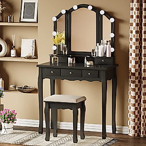 Tiptiper Makeup Vanity with Lights, Vanity Desk with 10 Light Bulbs & 3 Color Lighting Modes, Vanity Table with 5 Drawers and Cushioned Stool, Makeup Table with Tri-Fold Mirror for Women Girls, Black