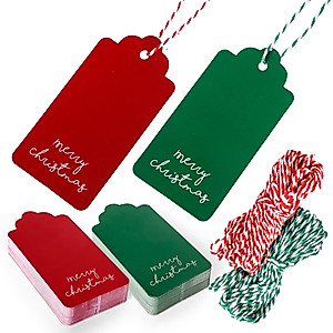 JarThenaAMCS 100Pcs Merry Christmas Paper Gift Tags Xmas Red Green Hanging Labels with Hemp Rope for Holiday Name Tags Present DIY Crafts, Double-Sided