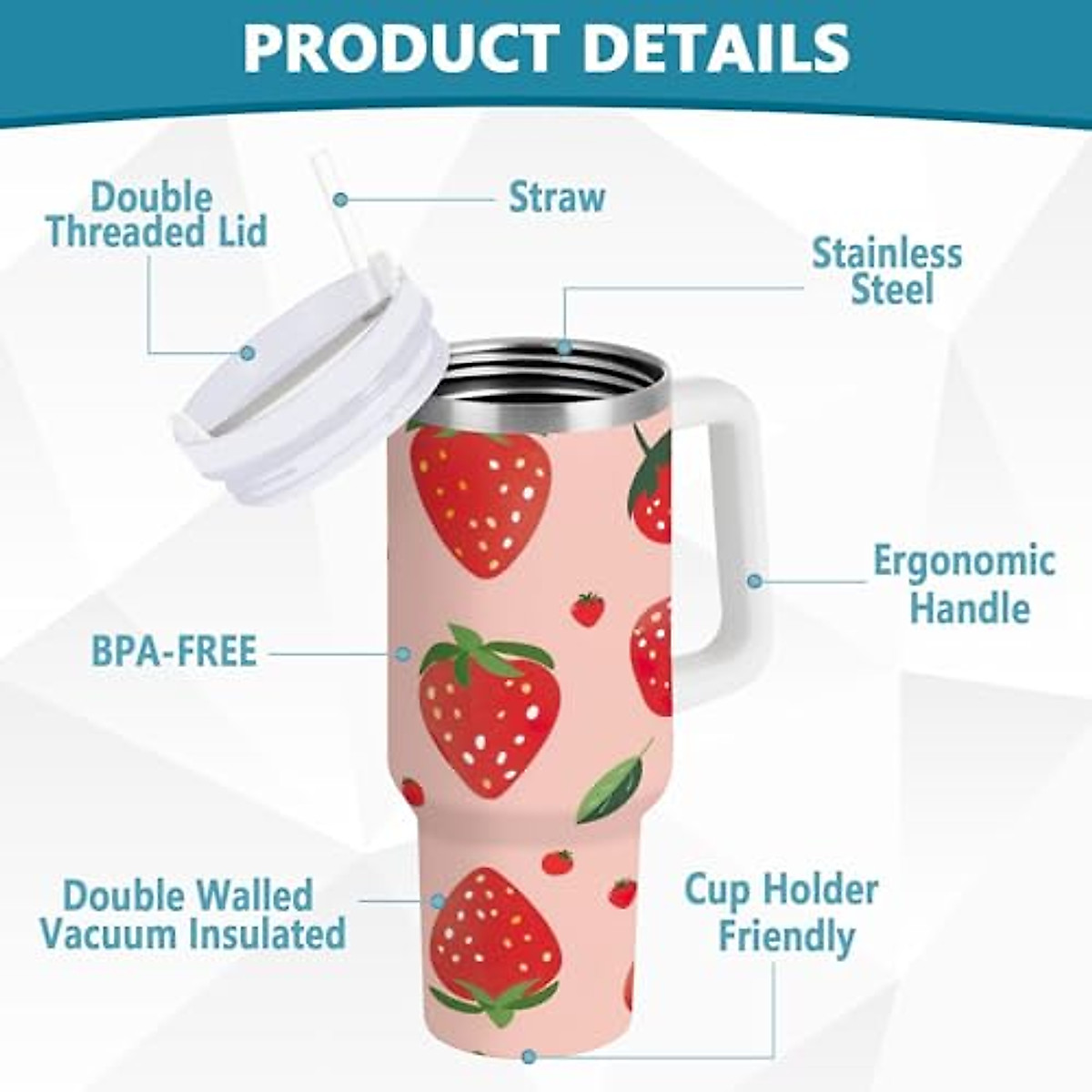 Jihqo Cute Strawberry 40 oz Stainless Steel Vacuum Insulated Tumbler with Handle and Straw Lid, Leakproof Water Bottle Double Wall Travel Mug Coffee Cup, Cupholder Friendly