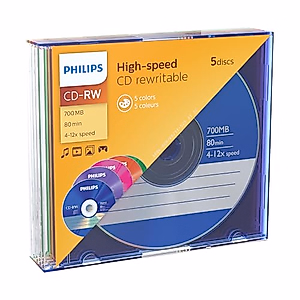 Philips CD-RW 80MIN Blank Disc x 5 Jewel Case 700MB 4-12 X Speed