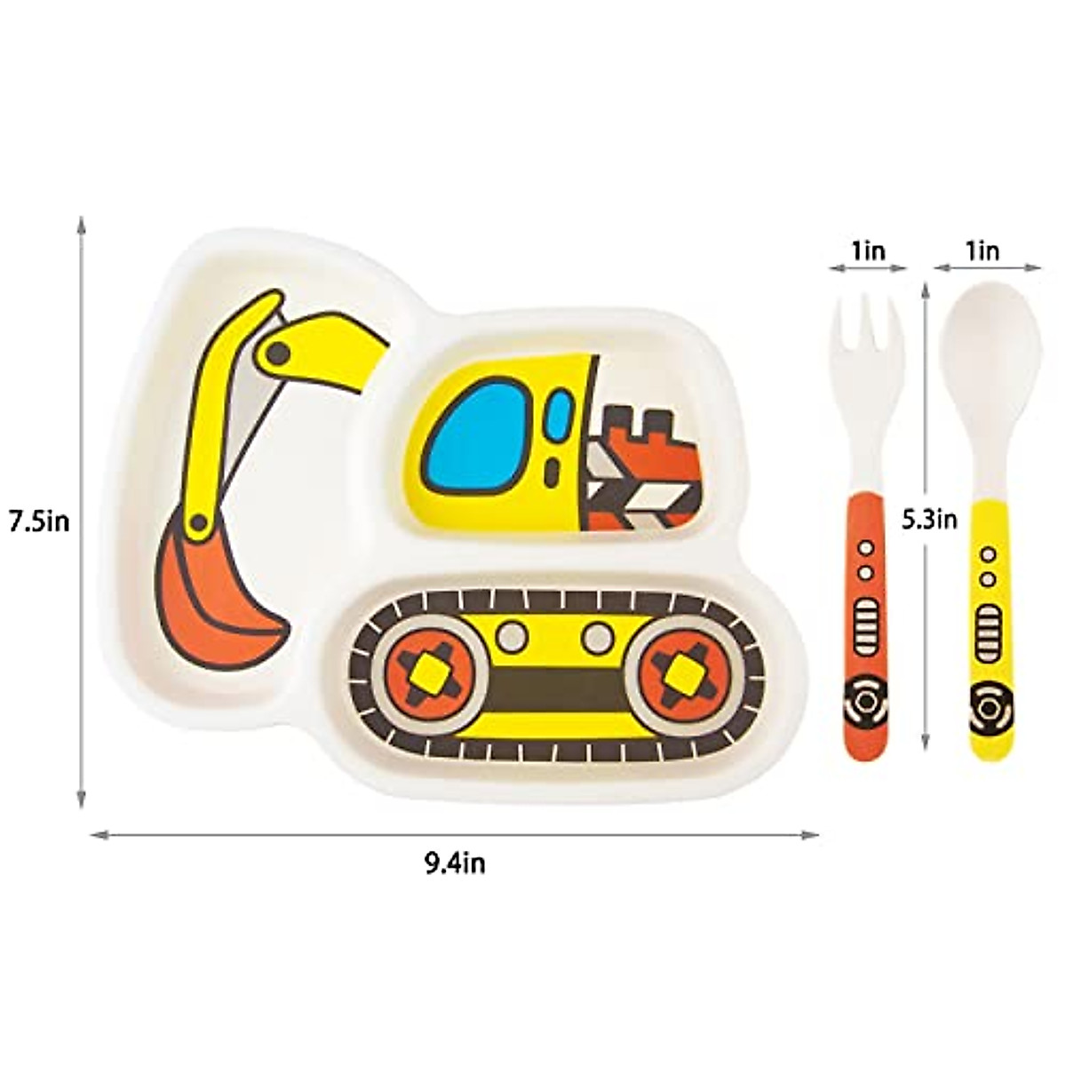 Kids Plate Set, Included Plate Fork and Spoon 3-Piece Set - Toddler Plates Dinnerware Dinner Dish Set Baby Feeding Divided Plate - Child Portion Control Bamboo Eco-Friendly (Excavators)