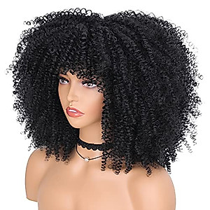 GKtineke Curly Afro Wigs for Black Women - Curly Afro Wig With Bangs Black Wig Short Afro Kinky Curly Wig 14 Inch Synthetic Hair Replacement Wigs (14 Inch, black)