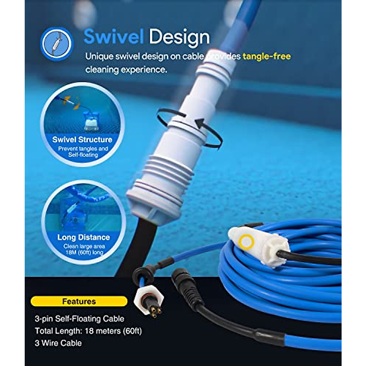 sixcow 9995873 DIY Swivel Cable 3 Wire, 18M, Replaces for Dolphin Pool Cleaners