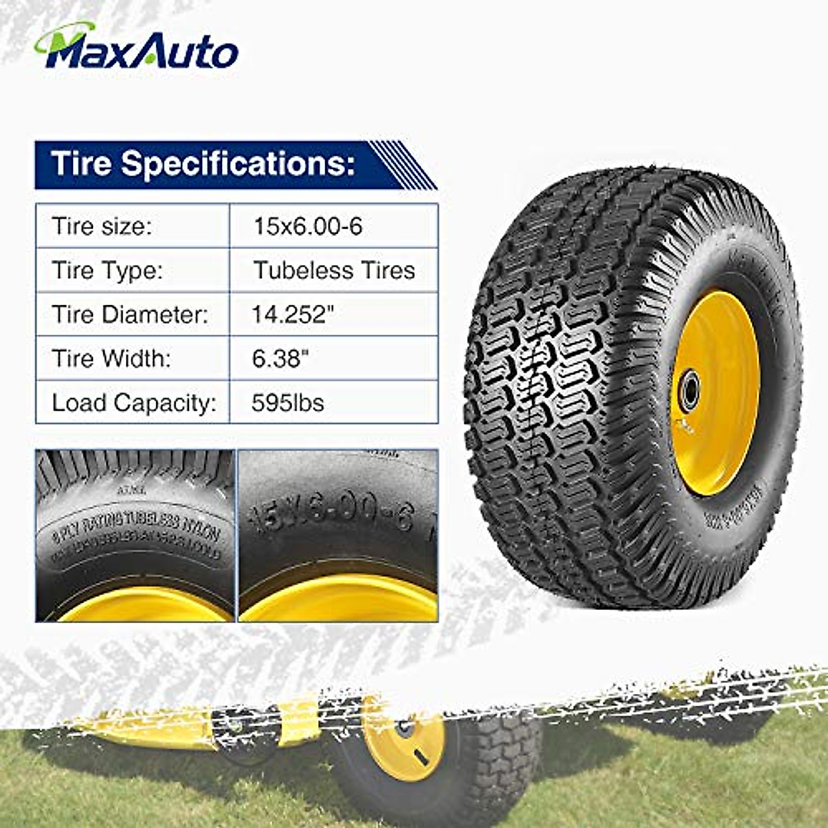 MaxAuto 2 Pcs Lawn Mower Tires 15x6.00-6 with Wheel for Riding Mowers, 3" Offset Hub Long with 3/4" bearings, Pneumatic Tire