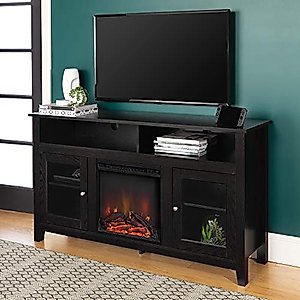 Walker Edison Glenwood Rustic Farmhouse Glass Door Highboy Fireplace TV Stand for TVs up to 65 Inches, 58 Inch, Black