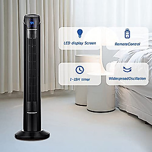 AKIRES Tower Fan 15H Timer 36” 70° LED Display Remote Control Oscillating Bladeless Fan with 3 Speeds,3 Modes,Quiet Cooling Powerful Standing Floor Fans for Indoor, Bedroom,Home and Office (Black)