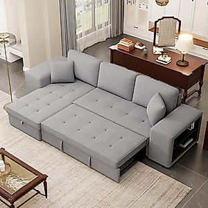 P PURLOVE Sectional Sofa with Pull-Out Sleeper Sofa Bed, Reversible Sectional Sofa with Storage Chaise and 2 Stools, L Shaped Couch Set for Living Room Apartment, Gray