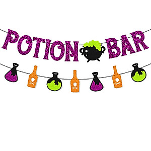 Levvcirki Potion Bar Banner Halloween Poison Bat Horrible Witches Haunted House Theme for Men Women Halloween Festival Holiday Party Purple Glitter Decorations