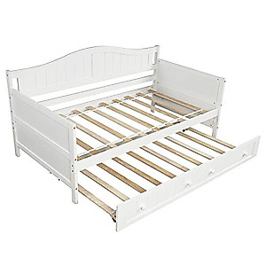 Lifeand Twin Wooden Daybed with Trundle Bed, Sofa Bed for Bedroom Living Room,White