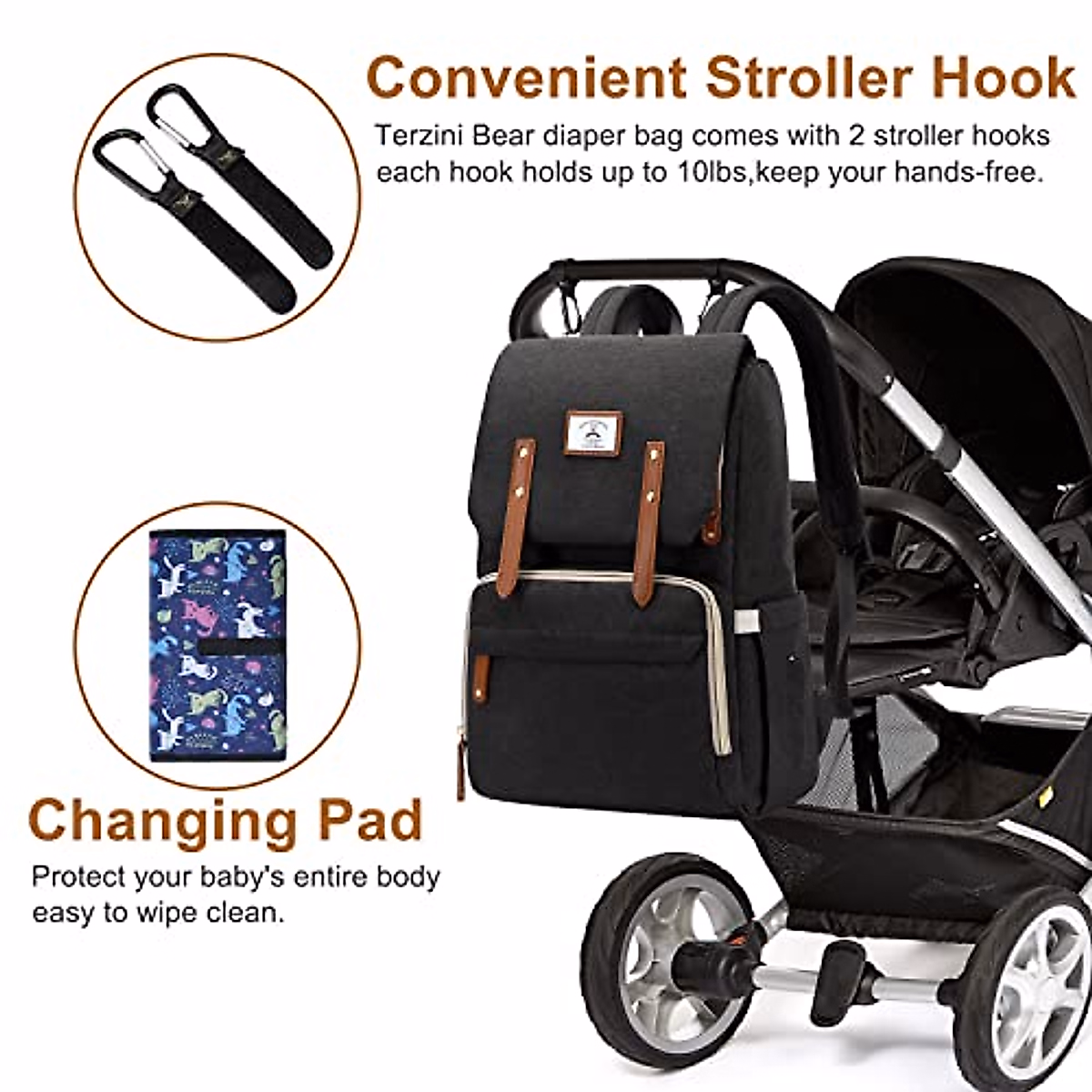Terzini Bear Small Diaper Bag Backpack, Diaper Bags for Baby with USB Charging Port,Changing mat,Stroller Hooks (BLACK2)