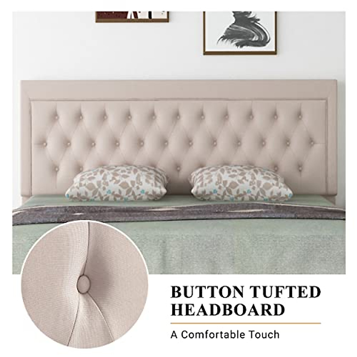Benevika Queen Size Upholstered Platform Bed Frame with Linen Fabric Button Tufted Headboard, Wood Slat Support, Upholstered Mattress Foundation, No Box Spring Needed, Easy Assembly, Beige