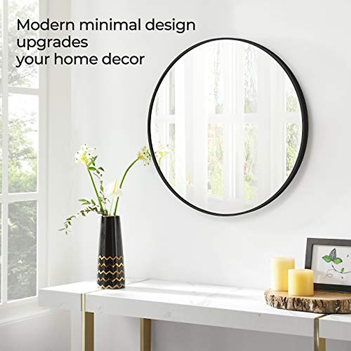 SONGMICS Round Wall Mirror, Decorative Circle Mirror, 24-Inch Diameter, Metal Frame, for Living Room, Bedroom, Bathroom, Entryway, Black ULWM102B01