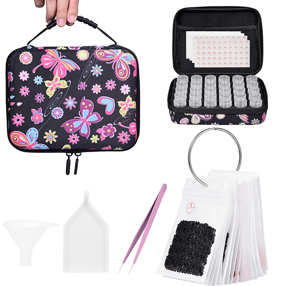 Benote Diamond Art Painting Storage Container, Bead Organizer with Diamond Tray Funnel Tweezers Lables, Embroidery Box 30 Grids and Large Bead Storage 50pcs Bags