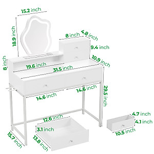 GreenForest White Vanity Desk with LED Lighted Mirror, 31 inch Makeup Vanity with 2 Drawers and Storage Shelves, Small Dressing Table for Women Girl Bedroom, Silver Grey