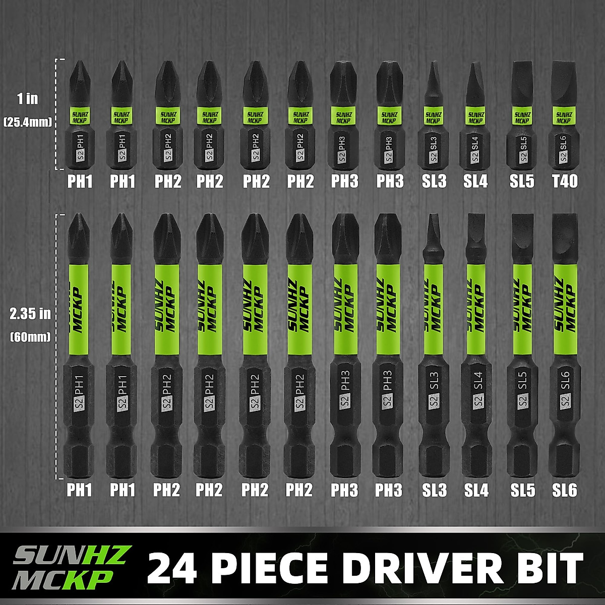 SUNHZMCKP 24-Piece Screwdriver Bit Set, Magnetic Slotted Phillips Driver Bit Set, S2 Steel, Long 1" and 2.3" Impact Screwdriving Drill Bits Set, 1/4 Inch Hex Shank Driver Bit