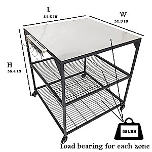 HWGckct Three-Shelf Movable Stainless Steel & Steel Outdoor Dining Cart Table Pizza Oven Protable Grill and Heavy Duty Grill Cart Outdoor Table