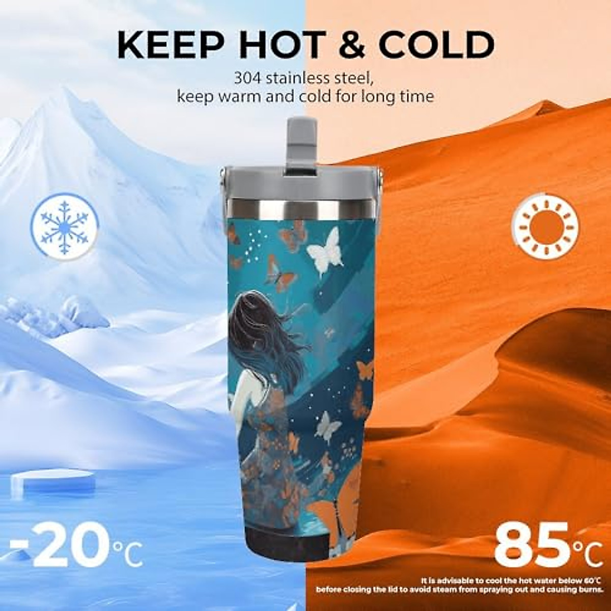 RTFGHJS Girl Playing Piano 30 Oz Tumbler with Handle And Flip Straw, Stainless Steel Vacuum Insulated Travel Mug, Thermal Cup for Coffee, Water, Iced Drinks, Fits Car Cup Holders (Home, Sports)