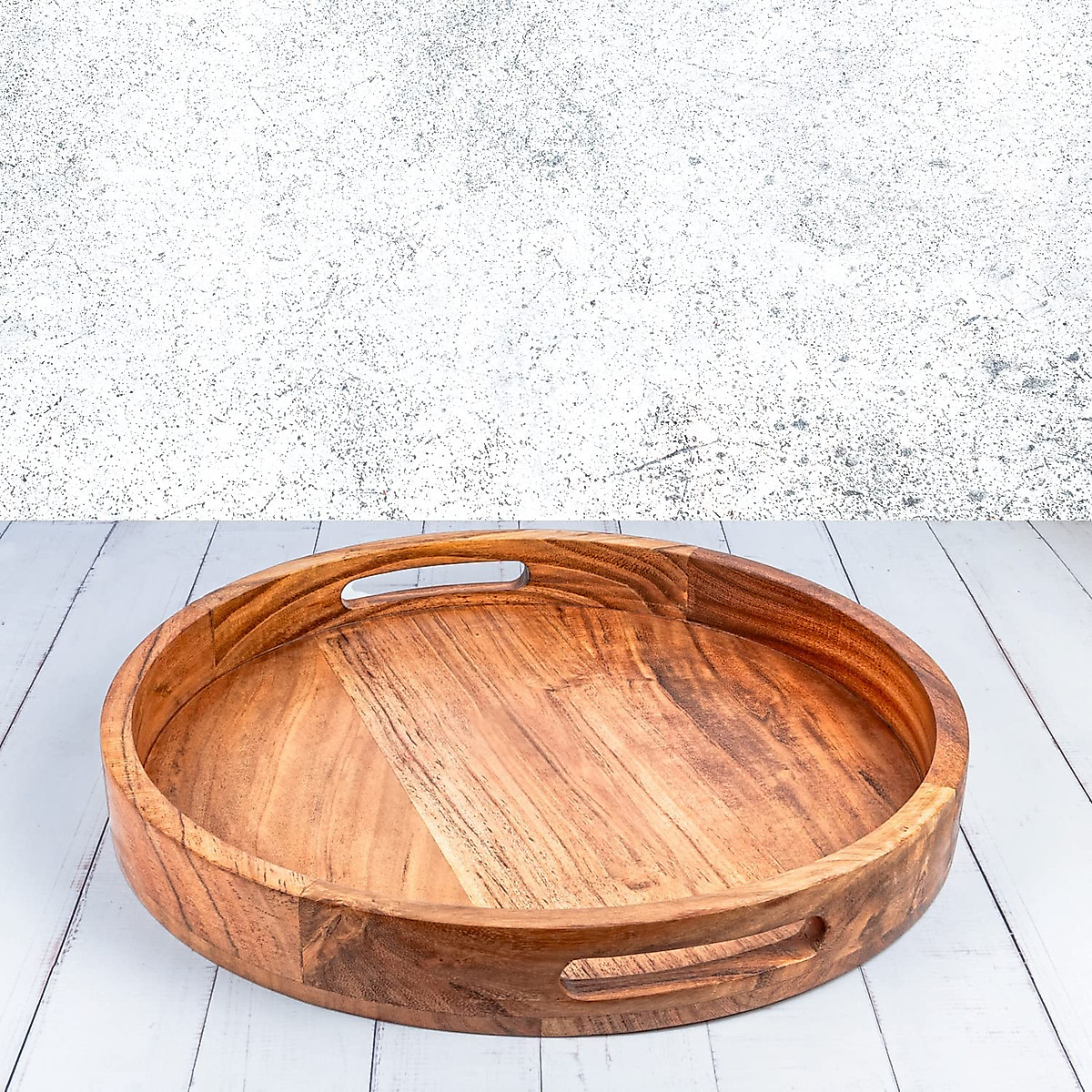 Round Serving Tray in Acacia Wood with Handles for Easy Handling, Beautiful Wooden Tray for Multiple uses (15" x 15" x 2")