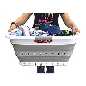 SAMMART 41L (10.8 gallon) Collapsible 3 Handled Plastic Laundry Basket - Foldable Pop Up Storage Container/Organizer - Portable Washing Tub - Space Saving Hamper/Basket (3 handled rectangular, White/Grey)