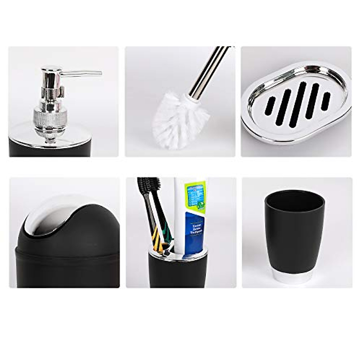 YCOCO Bathroom Accessories Set,6 Pcs Plastic Gift Set Toothbrush Holder,Mouthwash Cup,Soap Dispenser,Soap Dish,Toilet Brush,Trash Can,Black