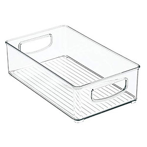 mDesign Small Plastic Office Storage Container Bins w/Handles for Organization in Filing Cabinet, Closet Shelf, Desk Drawers, Organizer for Notes, Pens, Pencils - Ligne Collection, 2 Pack - Clear